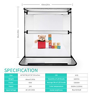 FOSITAN Photo Box, 24''x24''x24'' Portable Photo Studio Professional Light Box 126 LED Brightness Dimmable Shooting Tent with 8 Backdrops for Product Advertising Like Jewellery, Food, Bags, Shoes