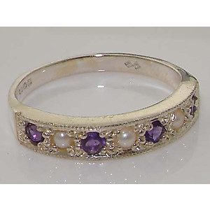 LetsBuyGold 925 Sterling Silver Cultured Pearl and Amethyst Womens Band Ring - Sizes 4 to 12 Available