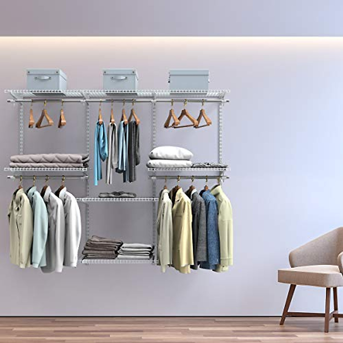 Moccha Custom Closet Organizer System, Wall Mounted Closet System with Hanging Rod, Metal Hanging Storage Organizer Rack Wardrobe with Shelves, Adjustable Closet Organizer Kit for Bedroom, White