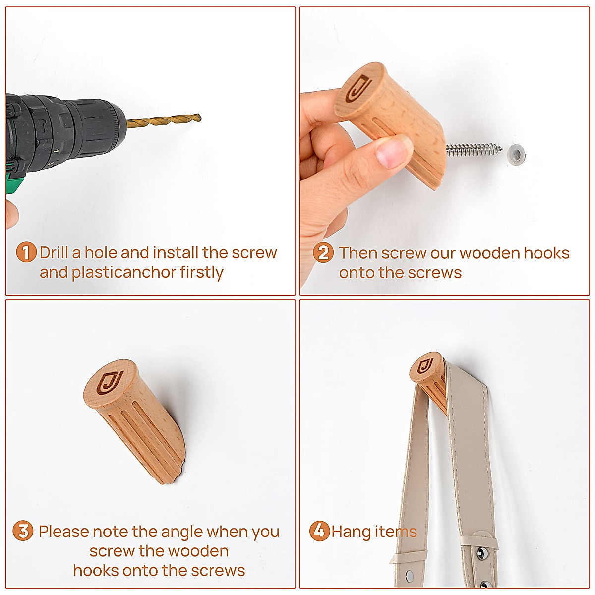 jansky Wood Wall Hooks, Pack of 5, Modern Coat Hooks Wall Mounted, Decorative Hooks for Hanging Clothes, Towel, Hangers, Robe, Scarf, Hat, Bag (Beech Wood)