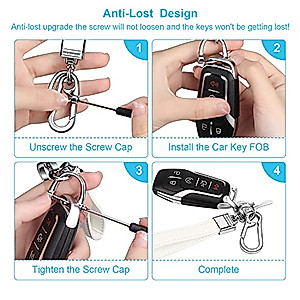 QBUC Genuine Leather Car Keychain,Universal Heavy Duty Metal Key Chain Accessories,Car Fob Key Keychain Holder with 360 Degree Rotatable Snap Swivel and Anti-Lost D-Ring for Men Women（White）