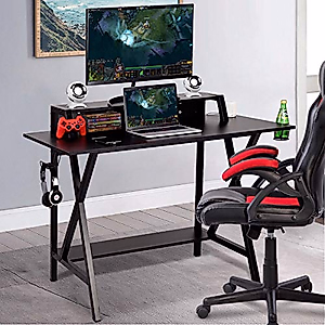 GOFLAME Gaming Computer Desk, Large Computer Gaming Workstation with Cup & Headphone Holder, Study Writing Desk for Home and Office, Black