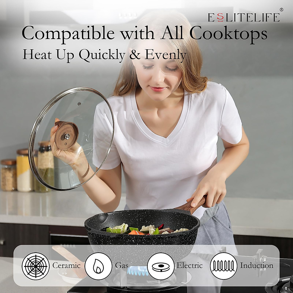 ESLITE LIFE Nonstick Deep Frying Pan with Lid, 5 Quart/11 Inch Granite Coating Sauté Pan Compatible with All Stovetops (Gas, Electric & Induction), PFOA Free, Black