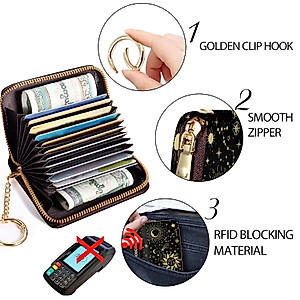 Yonlevres Credit Card Holder RFID Wallet, Astrological Sun Moon Small Card Holder Wallet for Women with Keychain Zipper, Leather Print Credit Card Case Organizer Accordion Gift