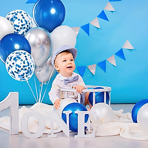 Blue and Silver Balloons 90Pcs Royal Blue and Silver Confetti Balloons 12 Inches White and Blue Latex Balloons for Baby Shower, Birthday, Bridal Shower, Wedding Party Decoration