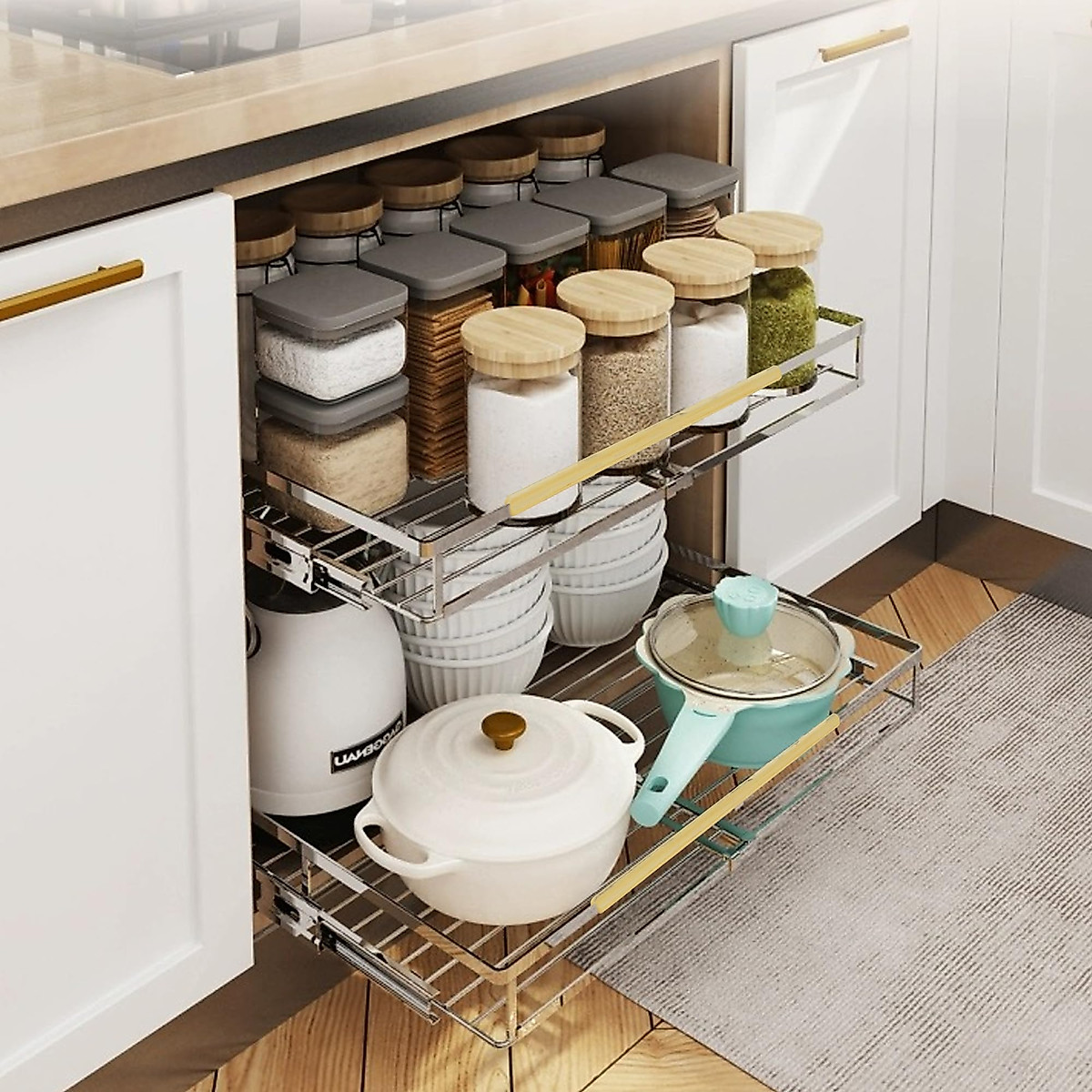 Redrubbit Expandable Pull Out Drawers Cabinet Shelf Organizer, Heavy Steel Metal Wire Slide Out Kitchen Pantry Organizer Storage Shelf, Adjustable Width 16.3~26.3"x17.3" D