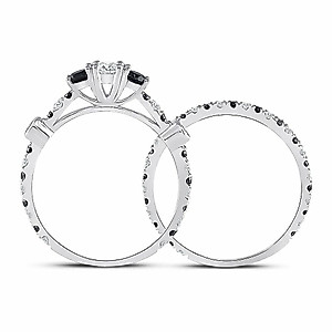 1.00 Ct Round Cut Black & White Diamond 925 Sterling Silver Women's 3-Stone Wedding Bridal Ring Set 14K White Gold Finish