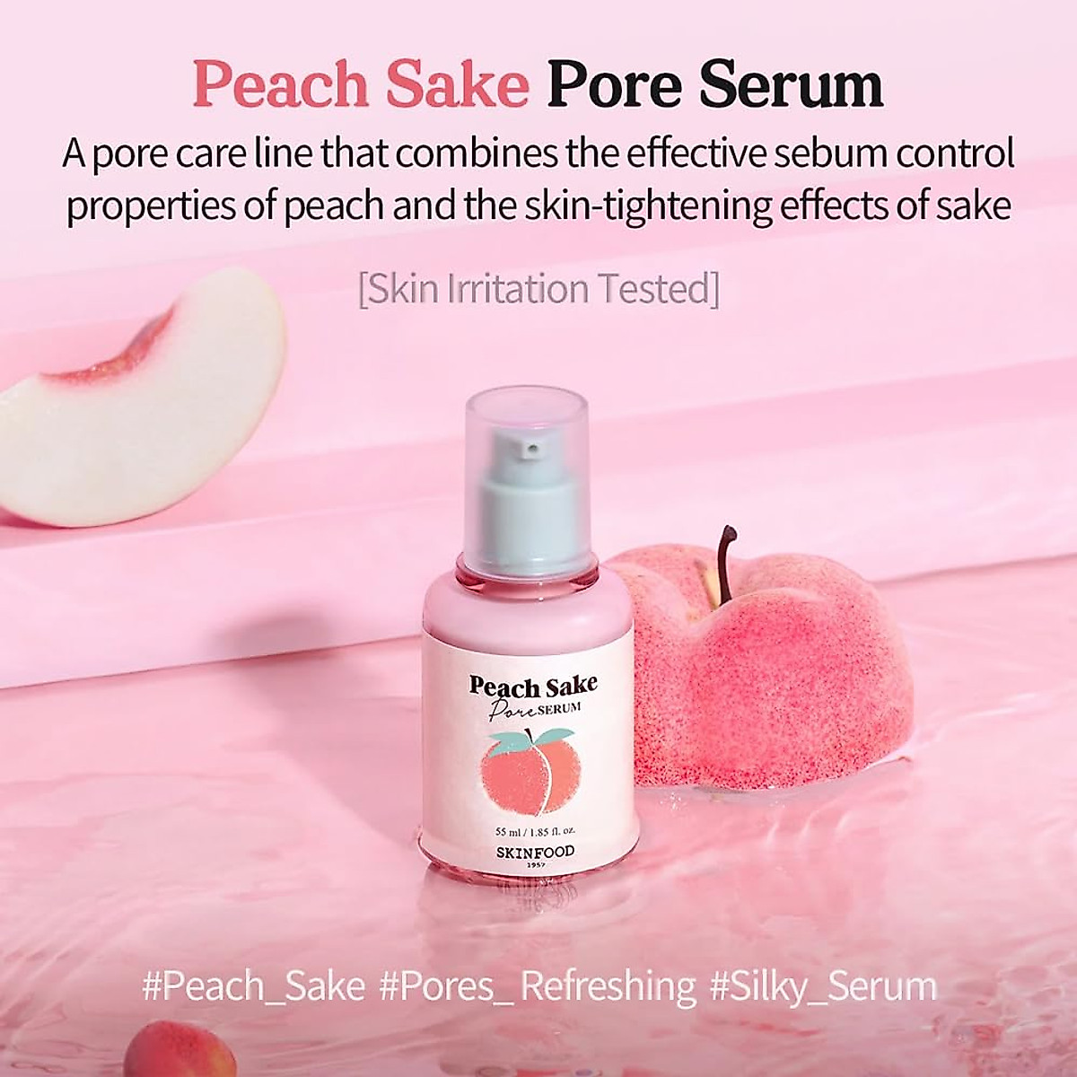 SKINFOOD Peach Sake Pore Serum - Pore Minimizer & Sebum Control - Skin Smoothing Facial Serum for Oily Skin - Pore Refining Serum & Pore Tightening - Acne Reducer & Minimizing Serum - 55ml (1.85 oz)