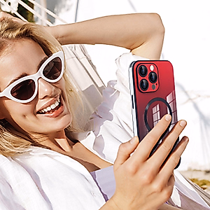 Guppy Compatible with iPhone 14 Pro Max Case Magnetic, with Full Camera Lens Protector [Compatible with MagSafe] Scratch Resistant Gradient Glass Back Cover Phone Case-Red