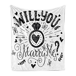Ambesonne Engagement Party Throw Blanket, Western Themed Will You Marry Me Words with Hearts Celebration Image, Flannel Fleece Accent Piece Soft Couch Cover for Adults, 50" x 70", Black and White