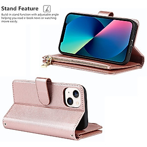 iCoverCase for iPhone 13 Wallet Case with Card Holder and Adjustable Crossbody Lanyard, PU Leather Kickstand Card Slots [Not Detachable] Flip Cover Case 6.1 Inch (Rose Gold)