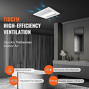 VEVOR Bathroom Exhaust Fan, 110 CFM Ventilation, 1.5sones Low Noise Operation, Remote Control, Cooling&Heating, LED Light 3000/4000/5000K, Airflow Speed&Light Brightness Adjustable, Timer
