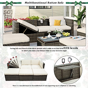 Merax U_Style Patio Furniture Sets, 5-Piece Patio Wicker Sofa with Adustable Backrest, Cushions, Ottomans and Lift Top Coffee Table