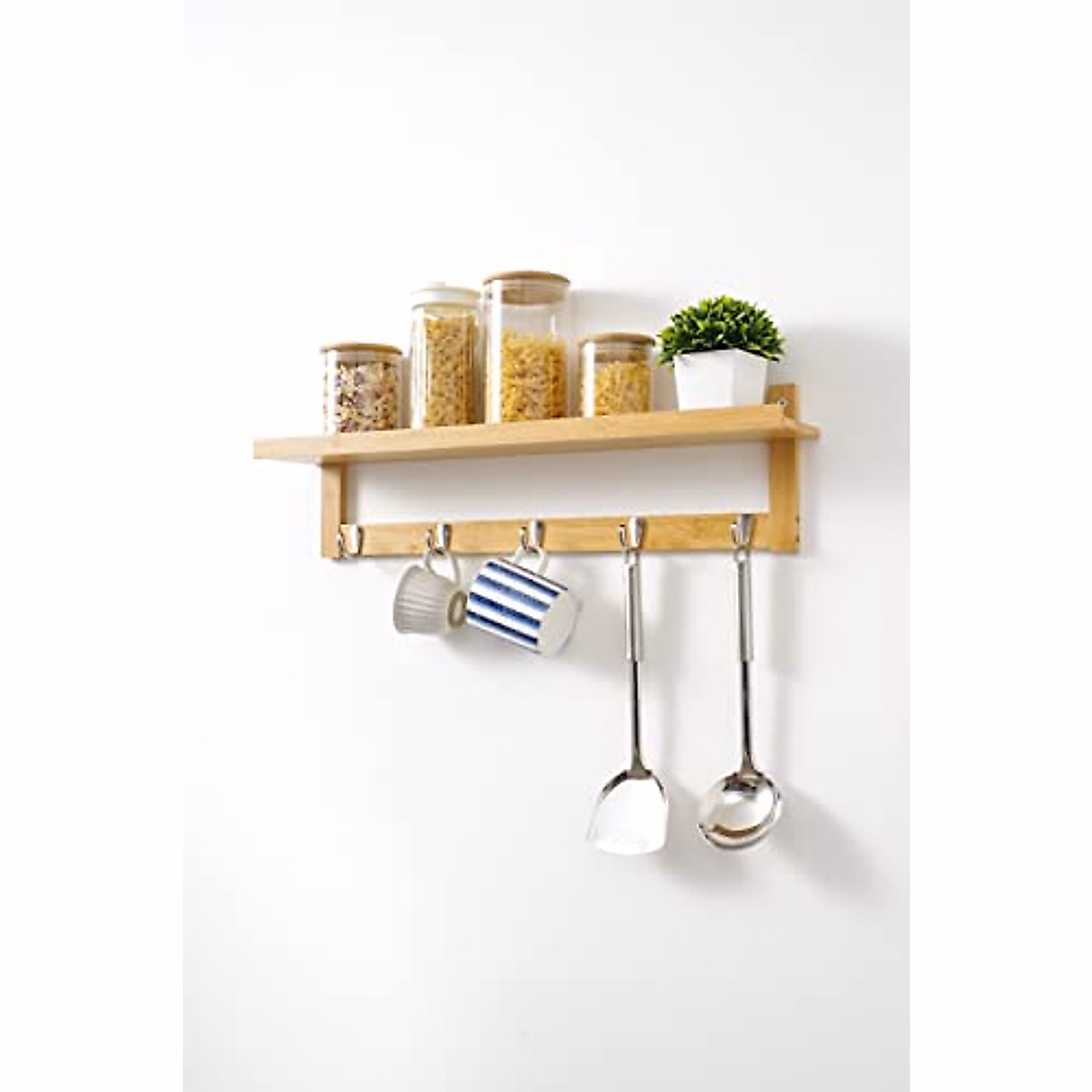 YourWoodStore Wall Mounted Coat Rack with Shelf, Floating Shelf, Natural, Wooden, 5 Alloy Hooks, 27 Inch, Supports Advanced Stud Spacing(24Inch), Entryway Organizer, Key Holder