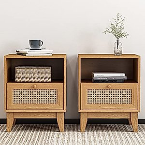 TOLEAD Nightstand Set of 2, Rattan Nightstand with Drawer & Open Shelf, Boho Accent End Table Side Table Bedside Tables with Solid Wood Feet for Bedroom, Living Room