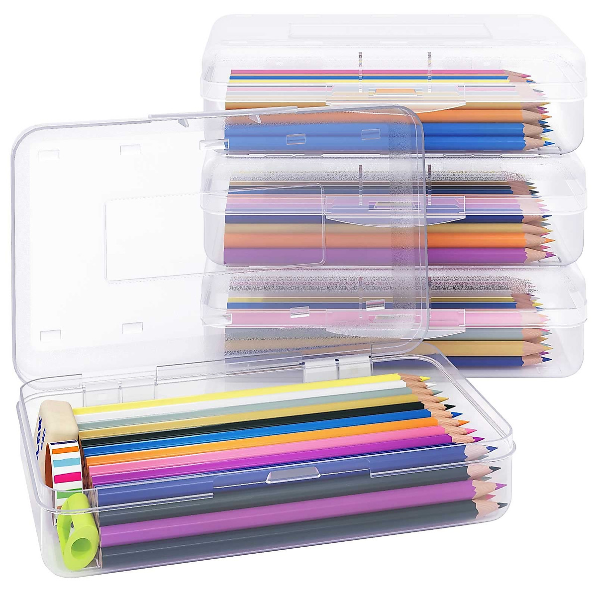 Denkee 4 Pack Clear Pencil Box, Plastic Large Capacity Pencil Boxes, Hard Pencil Case, School Supply Crayon Box Storage with Snap-Tight Lid, Stackable Office Supplies Storage Organizer Box