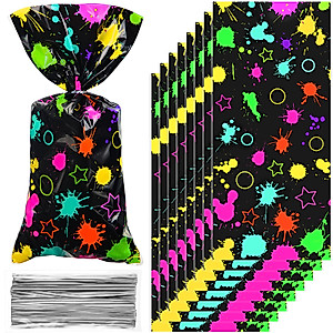 Epakh 100 Pack Neon Candy Bags Goodie Bags Plastic Colorful Treat Bags Glow in the Dark Party Supplies Favor Bags Neon Gift Wrap Bags with Silver Twist Ties for Glow Birthday Party Decor