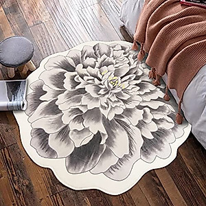 Lacomfy Modern Rug 4Ft Flower Rug Circle Bathroom Rug Floral Bedroom Carpet Round Rural Accent Rug Soft Peony Flower Farmhouse Floor Mat Laundry Mat for Indoor Home Decor Nonskid Washable Rug, Grey