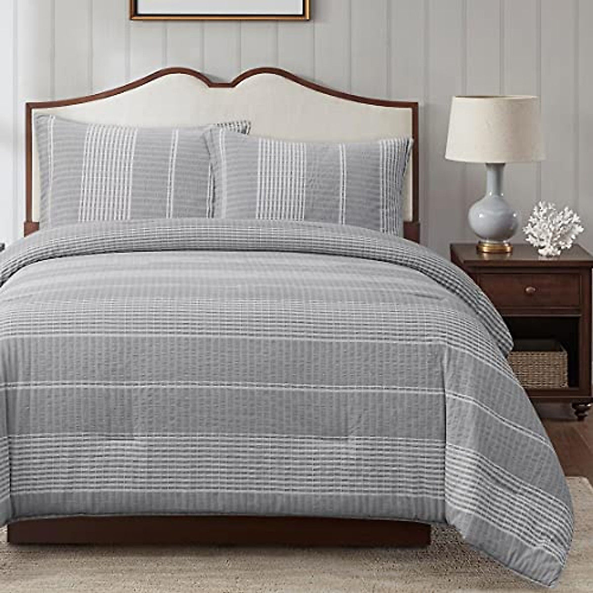 HiEnd Accents Lane 3 Piece Duvet Cover Set with Pillow Shams, Gray and White Stripe Seersucker Pattern, Super Queen Size, Modern Casual Traditional Style Luxury Bedding Set, 1 Duvet and 2 Pillowcases