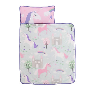 Everything Kids Pink and Aqua Unicorn Toddler Nap Mat with Pillow and Blanket