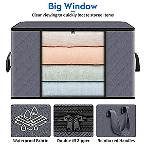 Fabspace Storage Bags Large Capacity Clothes Storage Bins With Durable Handles Sturdy Zippers Thick Fabric for Clothing, Comforter, Blanket Storage Collapsible Closet Containers, 4 Pack, 60L, Grey