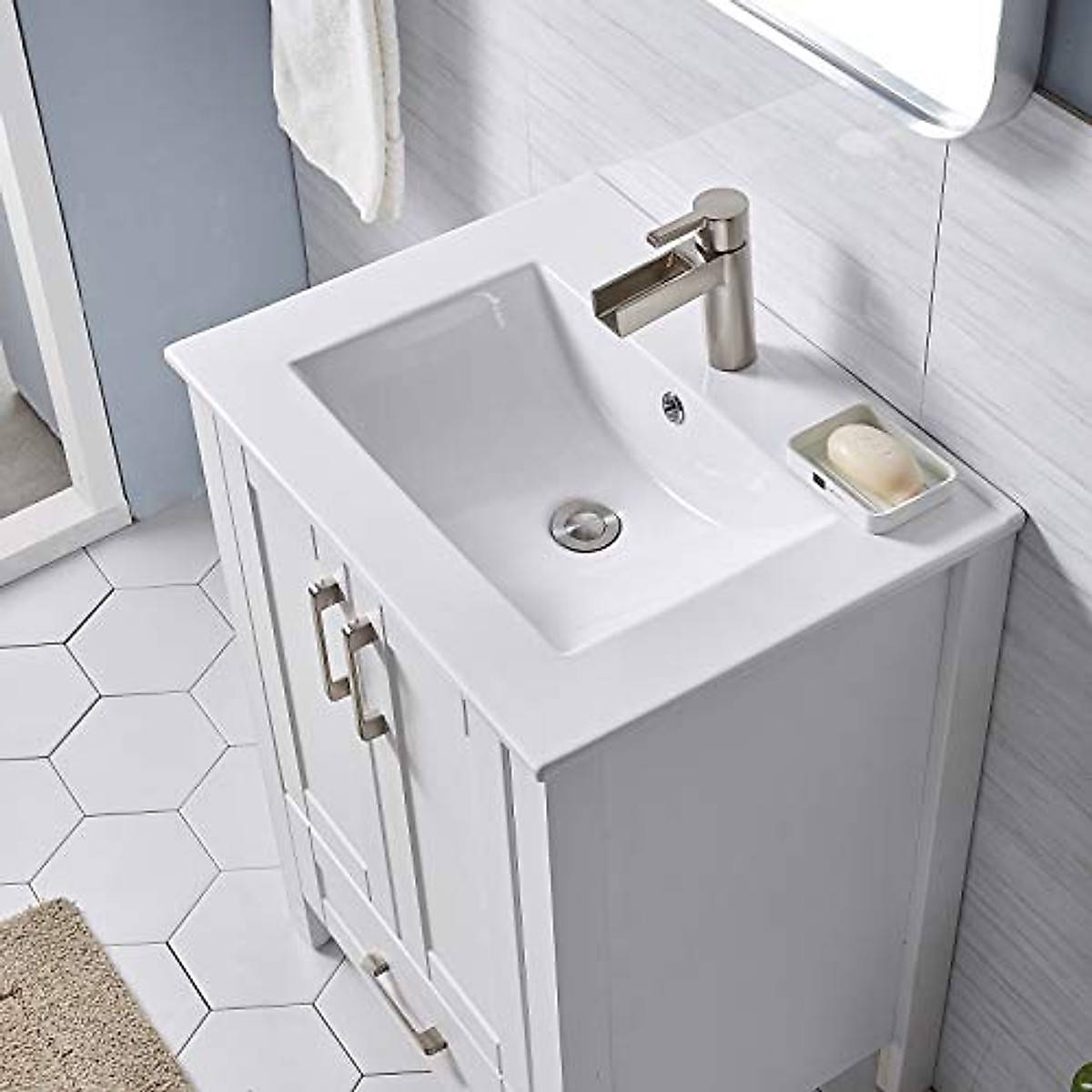 Popity home 24 Inch Small Bathroom Vanity with Sink, Modern White Bathroom Vanity, Wood Standing Bathroom Vanity Set with Ceramic Vessel Sink 2 Doors 1 Drawer
