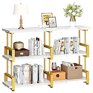 YITAHOME Gold Bookshelf, 3-Tier Modern Bookcase Open Book Shelf Horizontal Bookshelf for Living Room, Sleeping Room, Home Office, Faux Marble White