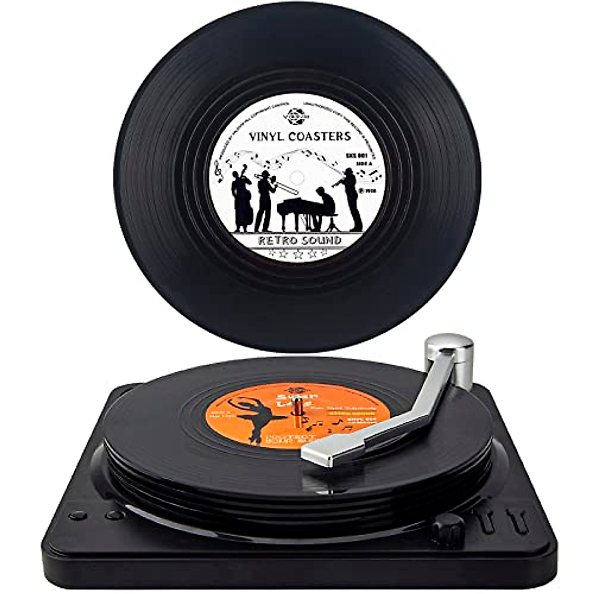 Funny Retro Vinyl Record Coasters with Player and Unique Labels, Valdivia Music Coasters Set of 6 with Gift Box, Gifts for Music Lovers, Coasters for Drinks, Bars, Cafes, Home, Party, Office