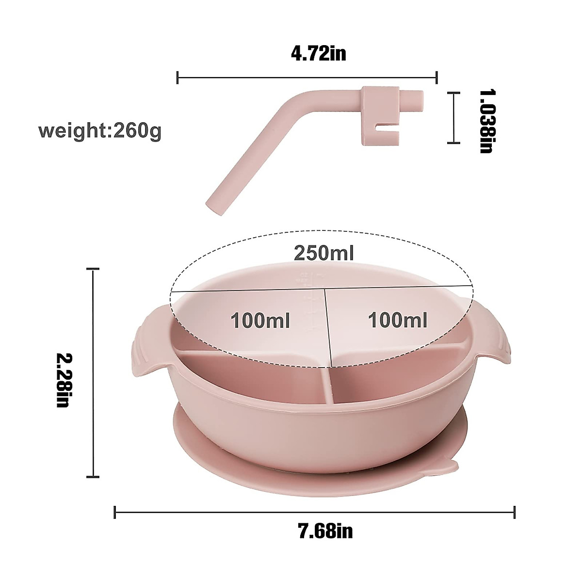 haakaa Silicone Divided Suction Bowl With Straw, Self Feeding Training Divided Bowl For Baby Toddler, Portable Non Slip Child Feeding Stay Put Bowl,Blush