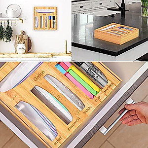 More2Store Ziplock Bag Storage Organizer Bamboo 6 in 1 Food Baggie Dispenser for Kitchen Drawer - Compatible with Gallon, Quart, Sandwich, Snack, Clip, and Marker
