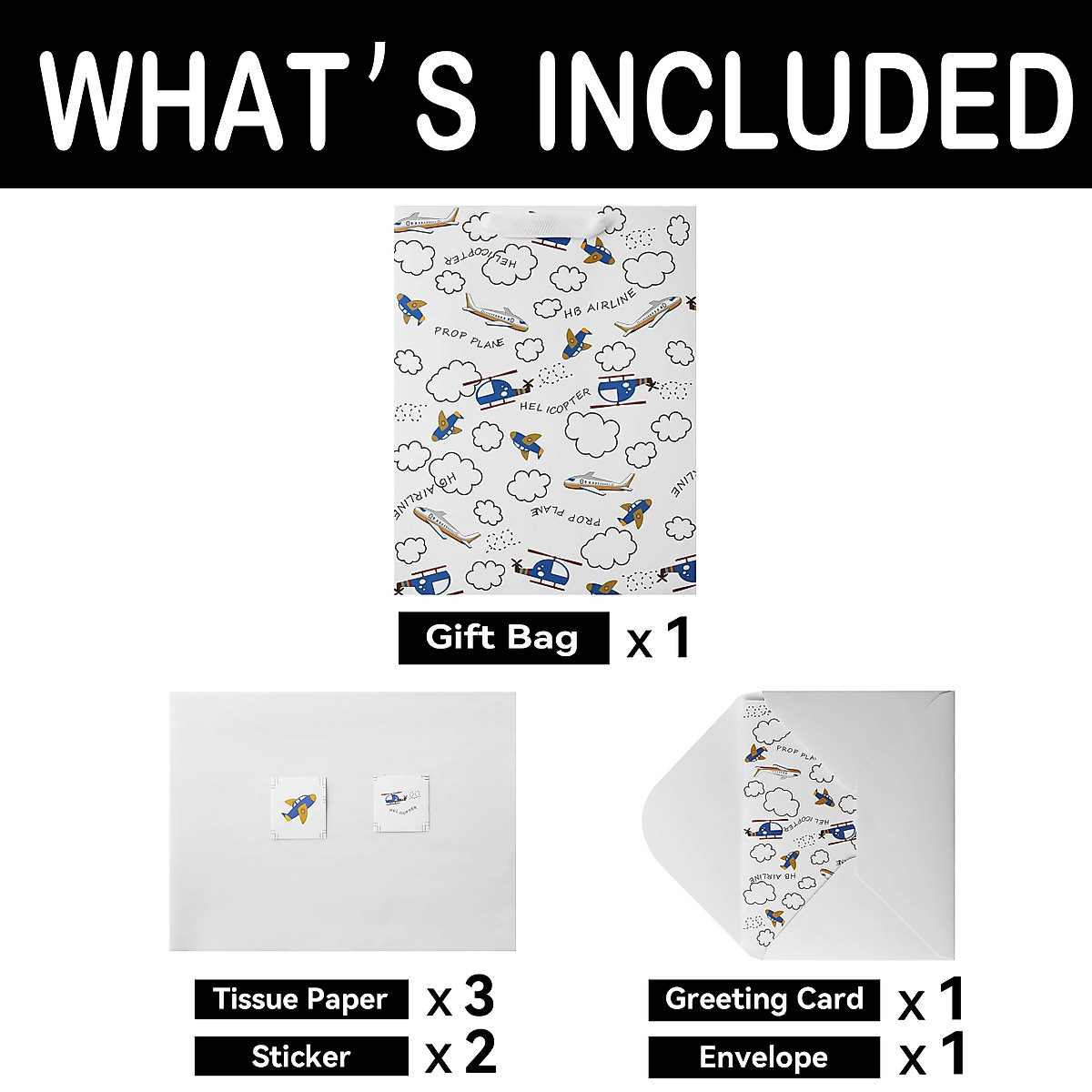 13" Large White Gift Bag Set with Greeting Card and Tissue Papers (Helicopter and Plane Design) or Boys’, Girls', or Kids' Party, Baby Showers, Boy