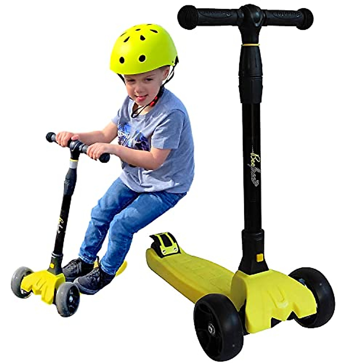 Bee Free 3 Wheel Kick Scooter for Toddlers and Kids, Adjustable Handlebars, Light Up LED Wheels, Foldable, Rear Foot Brake, Wide Stable Deck, Boys and Girls Ages 2-5, Up to 100 LBS, Yellow