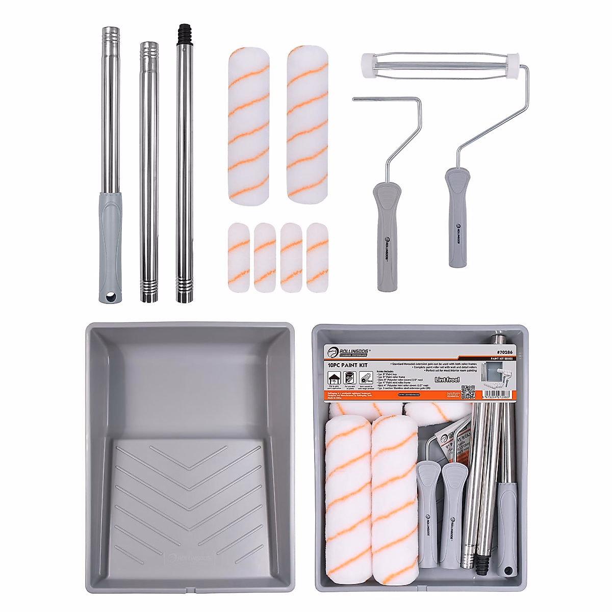 ROLLINGDOG Paint Roller Kit with Extension Pole - 9 Inch Paint Roller with Tray, 4Inch Mini Rollers,Stainless Steel Extension Pole (3ft)