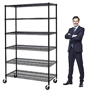 YYkokocat 6000Lbs Capacity Heavy Duty Storage Shelves Commercial Wire Shelving Unit and Storage Adjustable NSF 6 Tier Metal Rack Shelf on Wheels for Garage Basement, 76 H x 48 L x 18 D - Black