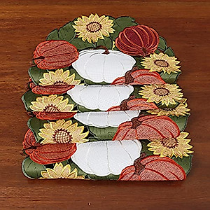 OWENIE Fall Pumpkins Placemats Set of 4,Thanksgiving Placemats with Embroidered Harvest Pumpkin and Leaves/Sunflowers, Fall Decor for Home, AutumnTable Mats, 15 Inch Round