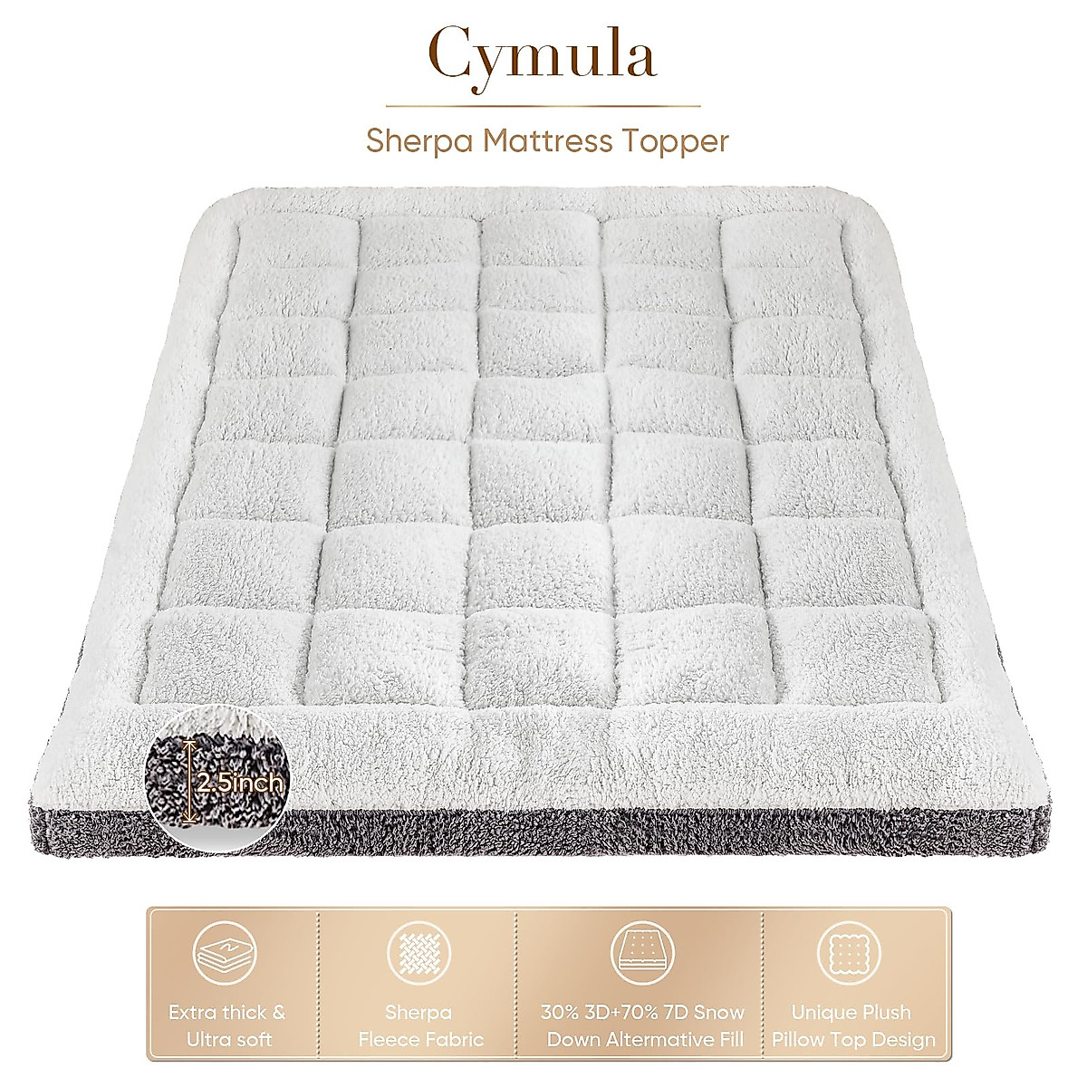 CYMULA Twin XL Mattress Topper,Cymula Sherpa Pad for College Dorm Bed 2inch Extra Thick Cover with 900GSM Down Alternative Soft Plush Pillow Top 8-21'' Deep Pocket,39x80in White
