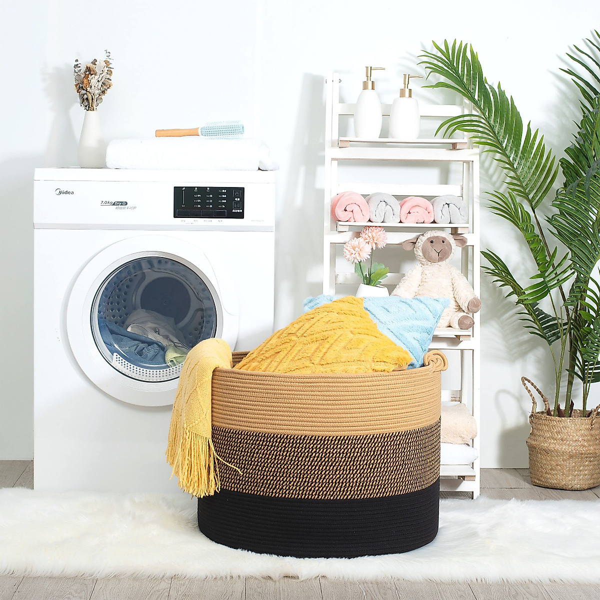 MINTWOOD Design XXXXLarge 22 x 16 Inches Decorative Cotton Rope Basket, Blanket Basket Living Room, Laundry Basket, Woven Basket, Round Toy Storage Baskets Bin for Pillows, Towels, Black Jute