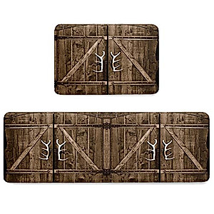 Kitchen Rug Sets 2 Piece Non-Slip Kitchen Mats and Rugs Country Rustic Antler Wooden Barn Christmas Winter Decorative Area Runner Carpets Floor Doormat