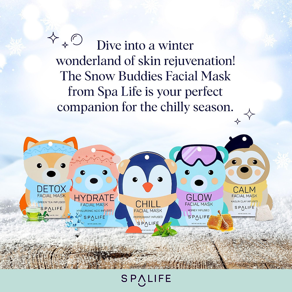 SpaLife Snow Buddies Facial Mask 10 Pack - Hydrating Character Sheet Masks for Women, Moisturizing Skincare Variety Set for Glowing Skin - Korean Facial Mask Spa Treatment with Natural Ingredients