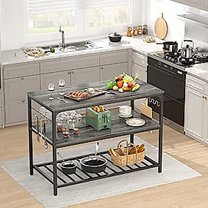 Homieasy Kitchen Island with Wine Glass Holder, Industrial Wood and Metal Coffee Bar Wine Rack Table, 3 Tier Spacious Kitchen Prep Table Extended Counter with Hooks Easy to Assemble, Black Oak