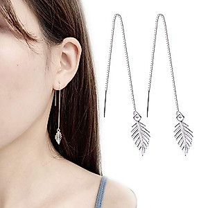 Boho Minimalist Long Thin Linear 925 Sterling Silver Leaves Dangle Earrings Chain for Women Elegant Threader Earrings