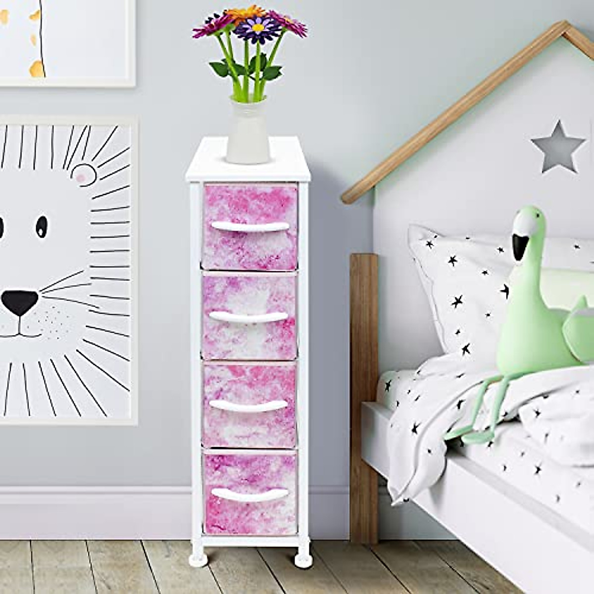 Sorbus Narrow Dresser Tower with 4 Drawers - Vertical Storage for Bedroom, Bathroom, Laundry, Closets, and More, Steel Frame, Wood Top, Easy Pull Fabric Bins (Tie-dye Pink)