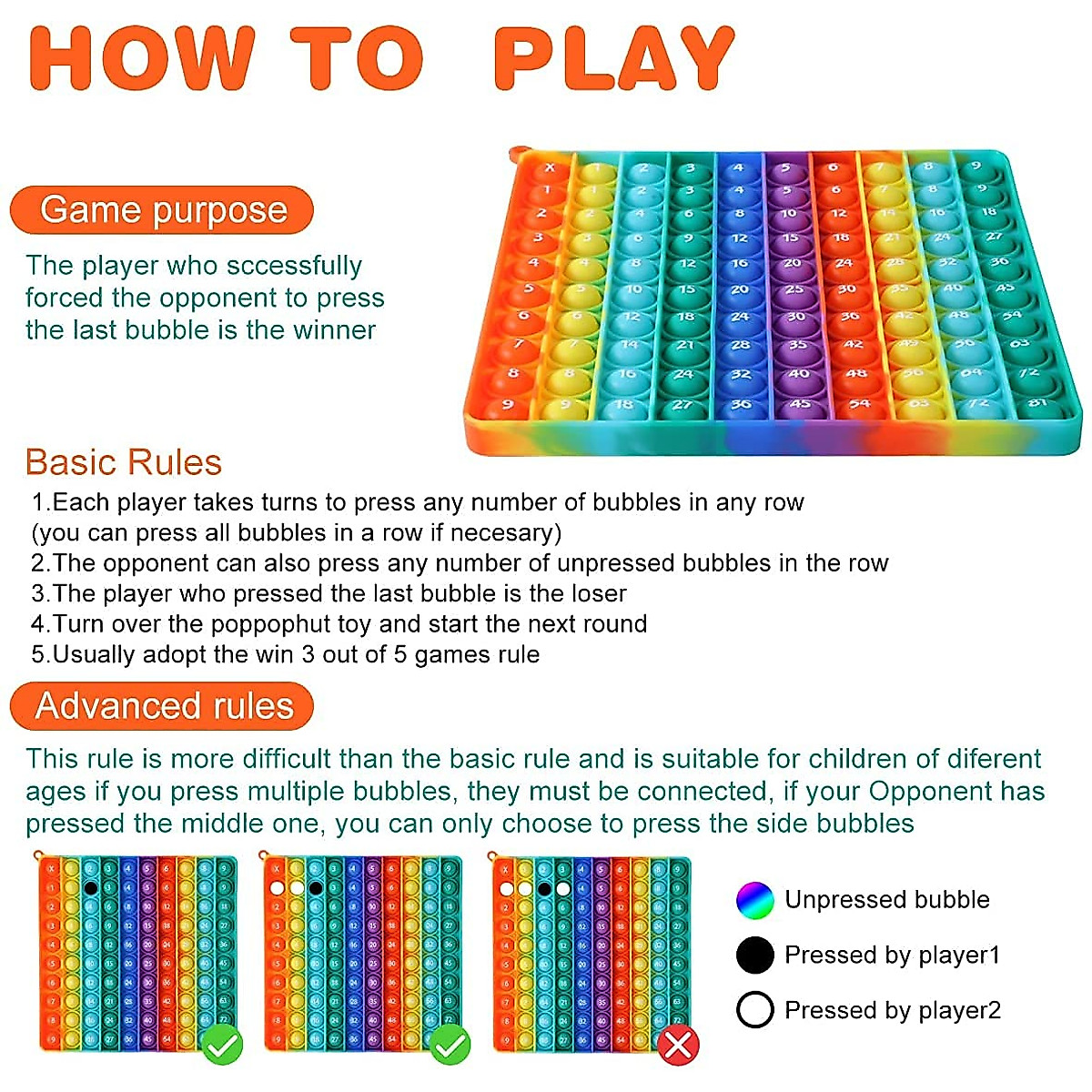 DK-SIMINA Large P0pp with Numbers, Rainbow Square Dimples Fidgett Ttoy 100 Bubble Math Toy Learning Tool for Teachers to Make Various Math Operations (1-100 Numbers)