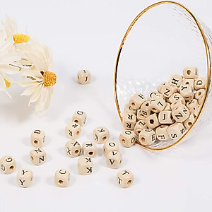 PH PandaHall 1060pcs 10mm Alphabet Wooden Beads Random Natural Square Wooden Beads 3~4mm Hole Wooden Loose Beads with Initial Letter Cube Beads Letter Beads for Jewelry Making and DIY Projects
