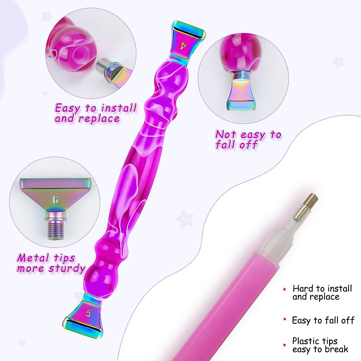 Ninonly 3Pcs Diamond Art Pen, Diamond Painting Pen Kits with 12 Colorful Metal Tips, 6 Painting Glue Clay, Roller, 5D Diamond Art Accessories and Tools for DIY Craft, Purple Pink Blue