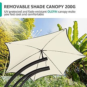 Fundouns Outdoor Hanging Lounge Chair with Stand, Patio Curved Steel Chaise Swing with Removable Olefin Canopy and Cushion,Off-White