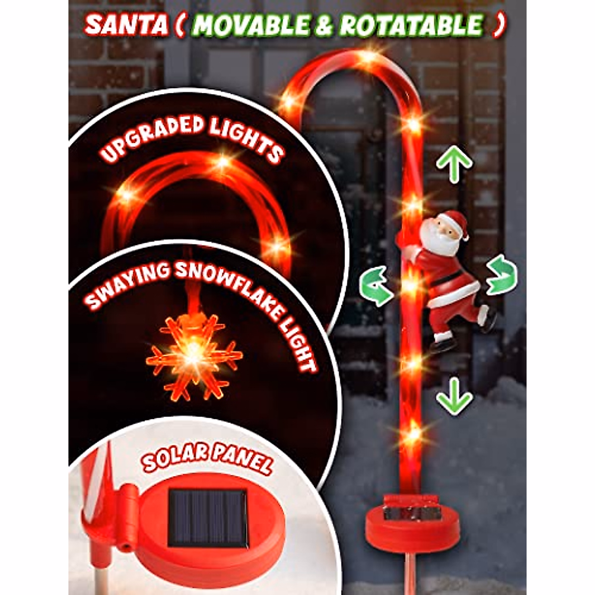 Solar Christmas Candy Cane Lights Garden Decorations, ZIVASA Solar Powered Xmas Pathway Markers Lights Outdoor Waterproof, Outside Decor Stake with Snow Flower & Santa for Yard Patio Landscape 2PACK
