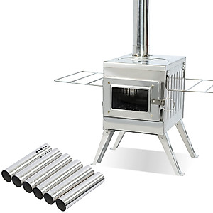 Fltom Camping Wood Stove, Portable Hot Tent Stove with Sectional Chimney Pipes, 304 Stainless Steel Wood Burning Stove for Tent Shelter and Cooking Heating
