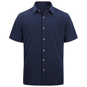 J.VER Men's Short Sleeve Linen Cotton Shirts Casual Button Down Shirt Summer Beach Tops with Pocket Navy Blue Medium