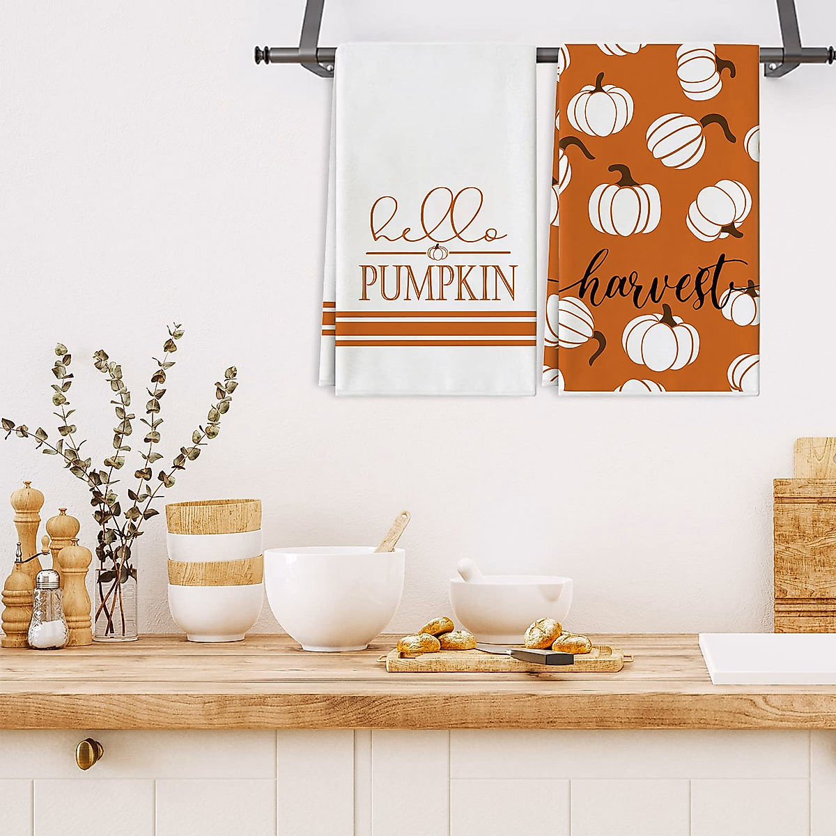 AnyDesign Fall Kitchen Dish Towel 18 x 28 Inch Hello Pumpkin Thanksgiving Harvest Tea Towel Autumn Orange White Dishcloth Rustic Farmhouse Hand Drying Cloth Towel for Kitchen Cooking Baking, 2 Pack